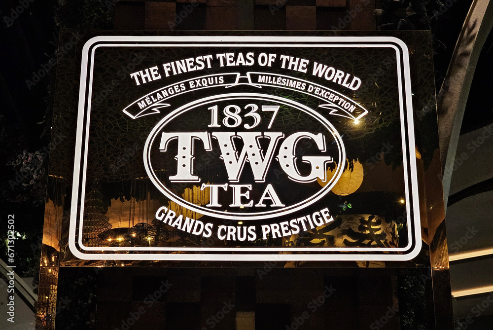 BANGKOK, THAILAND - OCTOBER 31, 2023: TWG Tea Sign. a Singaporean luxury teahouse chain and a ...