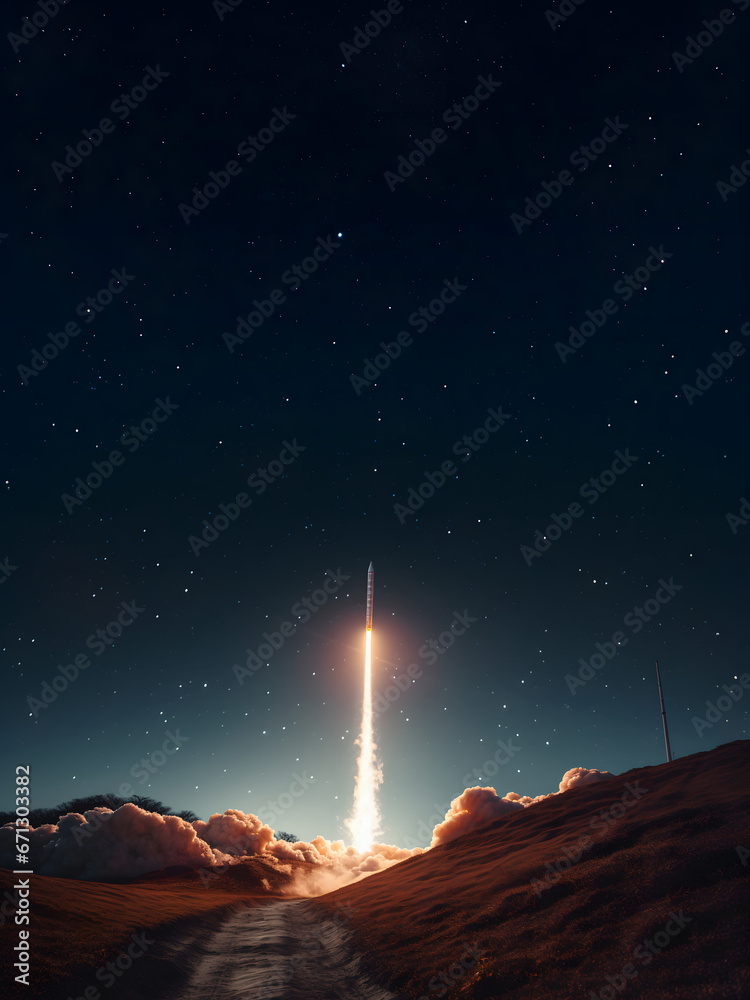 Rocket right after launch, vertical ascension through the stars of a ...