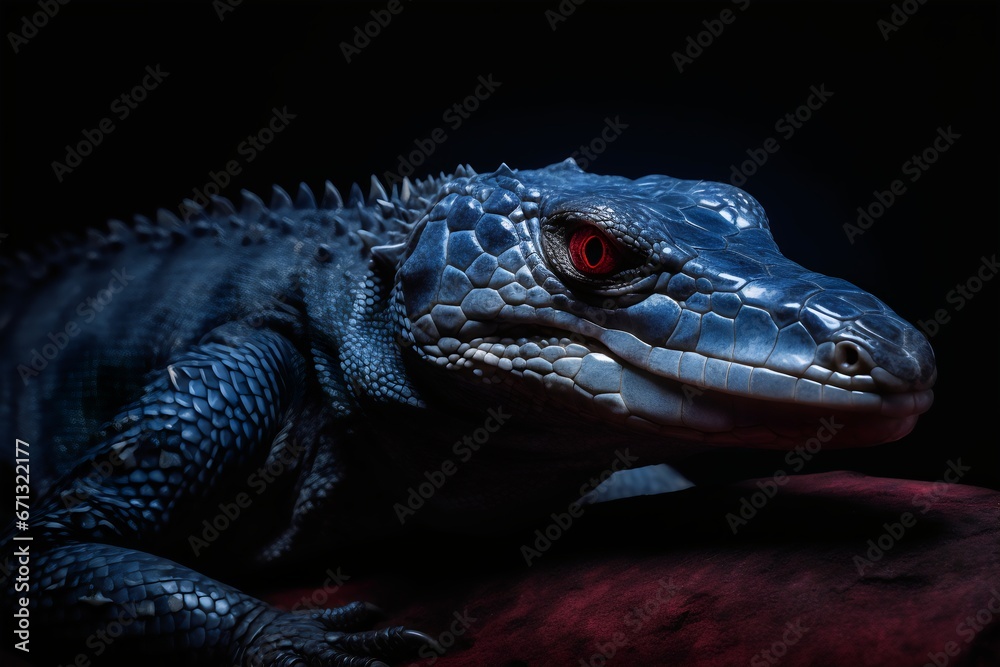 Close up of a blue crocodile with red eyes on black background ...