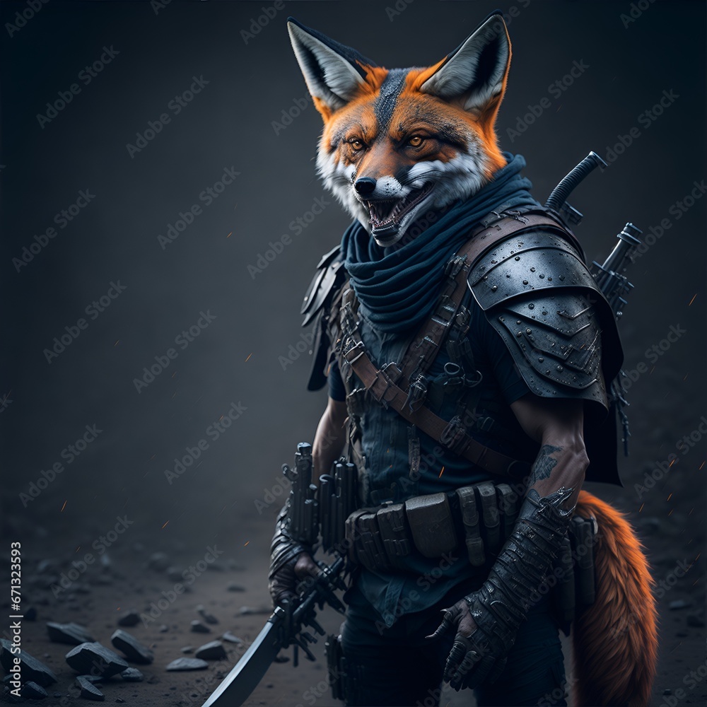 Fox armed with guns and machetes, axes and swords on his back ...