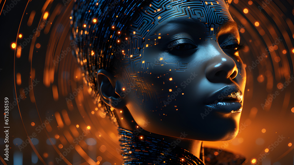 computer graphics of a woman with her head covered by a network of ...