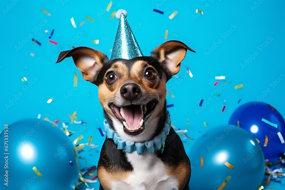 portrait of a funny domestic dog animal in a festive hat celebrating ...