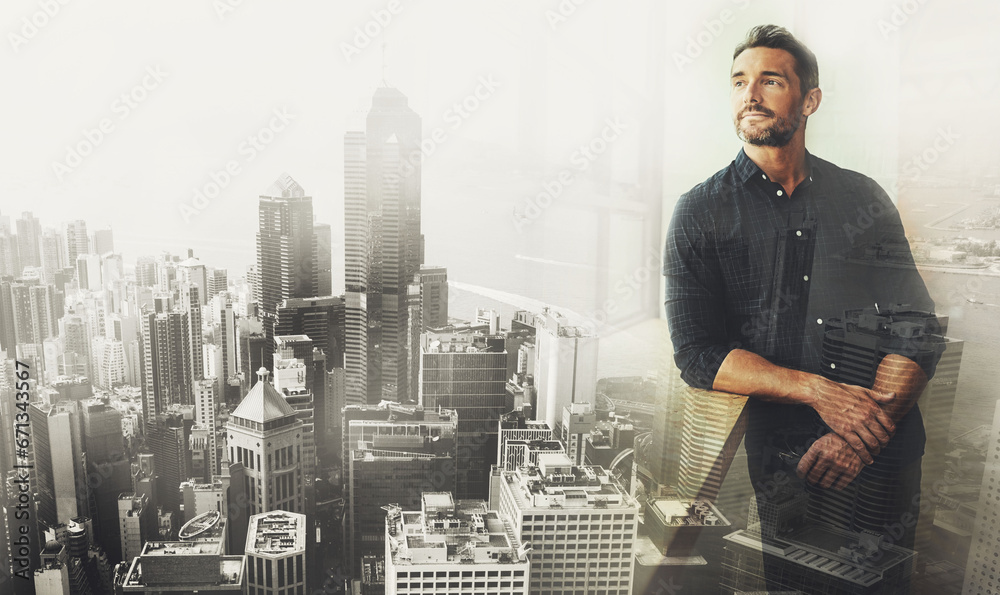 Businessman, thinking and city with vision for career ambition, goals ...