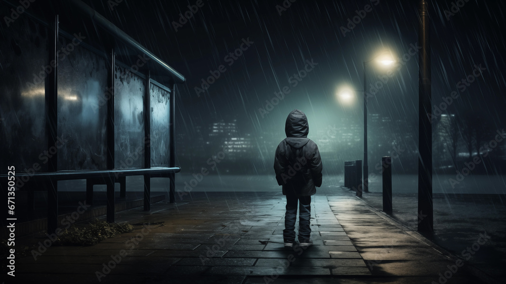 A mysterious illustration of a young child waiting at a bus stop late ...