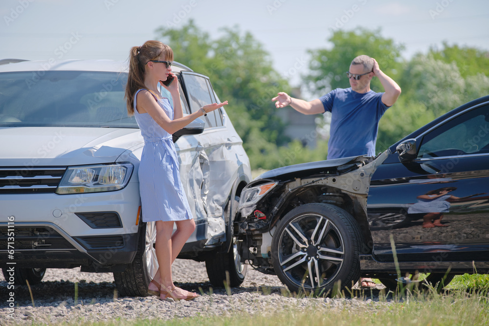 Drivers of smashed vehicles arguing who is guilty in car crash accident ...