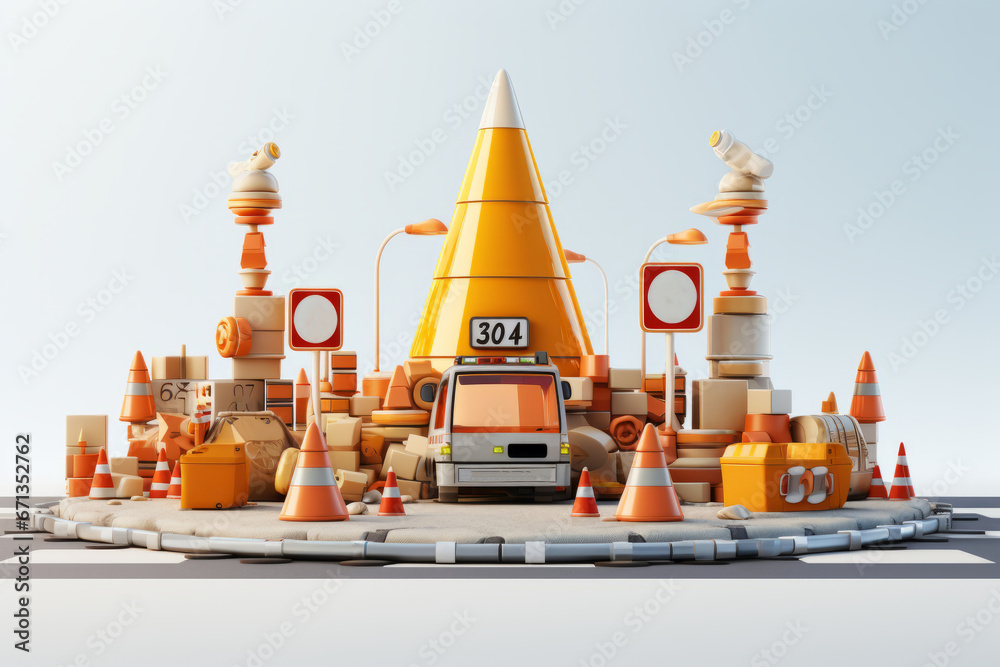 Hello, Under Construction sign placed on a road, surrounded by traffic ...