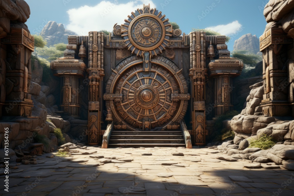 Ancient temple entrance door slowly opening to reveal a mysterious and ...