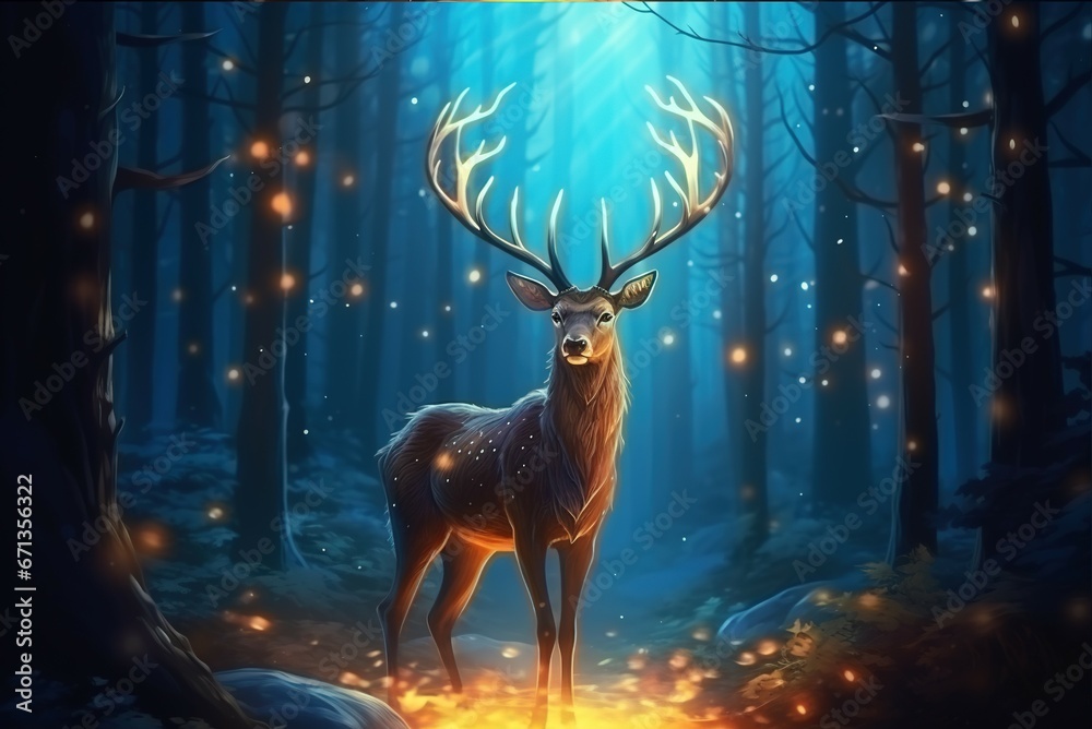 An illustration of a deer with beautiful glowing horns standing ...