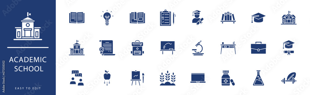 Academic school icon collection. Containing Bookshelf, Brain, Briefcase ...