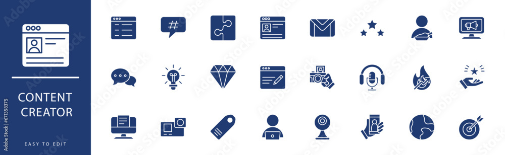 Content Creator icon collection. Containing Live Streaming, Magnet, Man ...