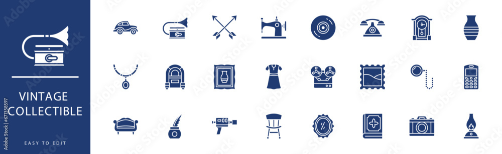 Vintage Collectible icon collection. Containing Camera, Car, Chandelier ...