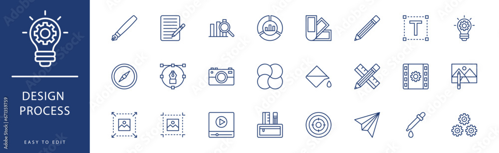 Design Process icon collection. Containing Camera, Cmyk, Cogwheel, Color Wheel, Compass ...
