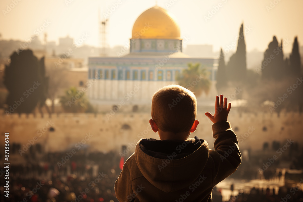 Palestine kid or child looking at al aqsa mosque with free palestine ...