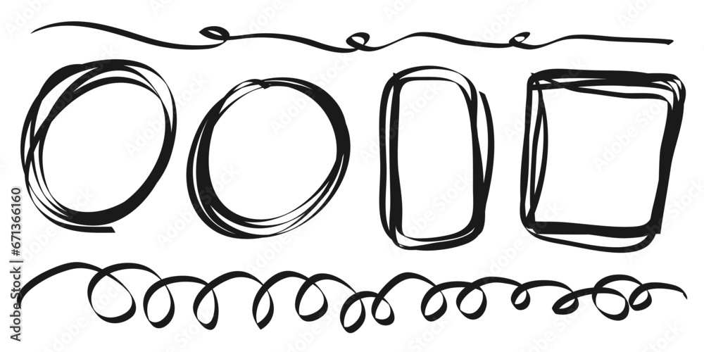 Hand drawn scribble lines on set. doodle borders lines, curves, frames ...