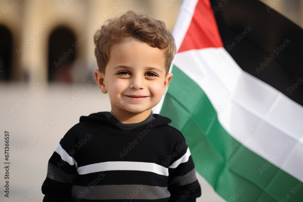 Palestine kid or child holding palestine flag at al aqsa mosque with ...