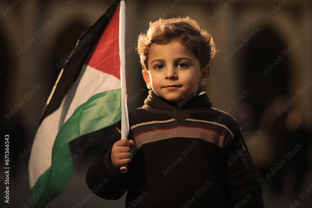 Palestine kid or child holding palestine flag at al aqsa mosque with ...