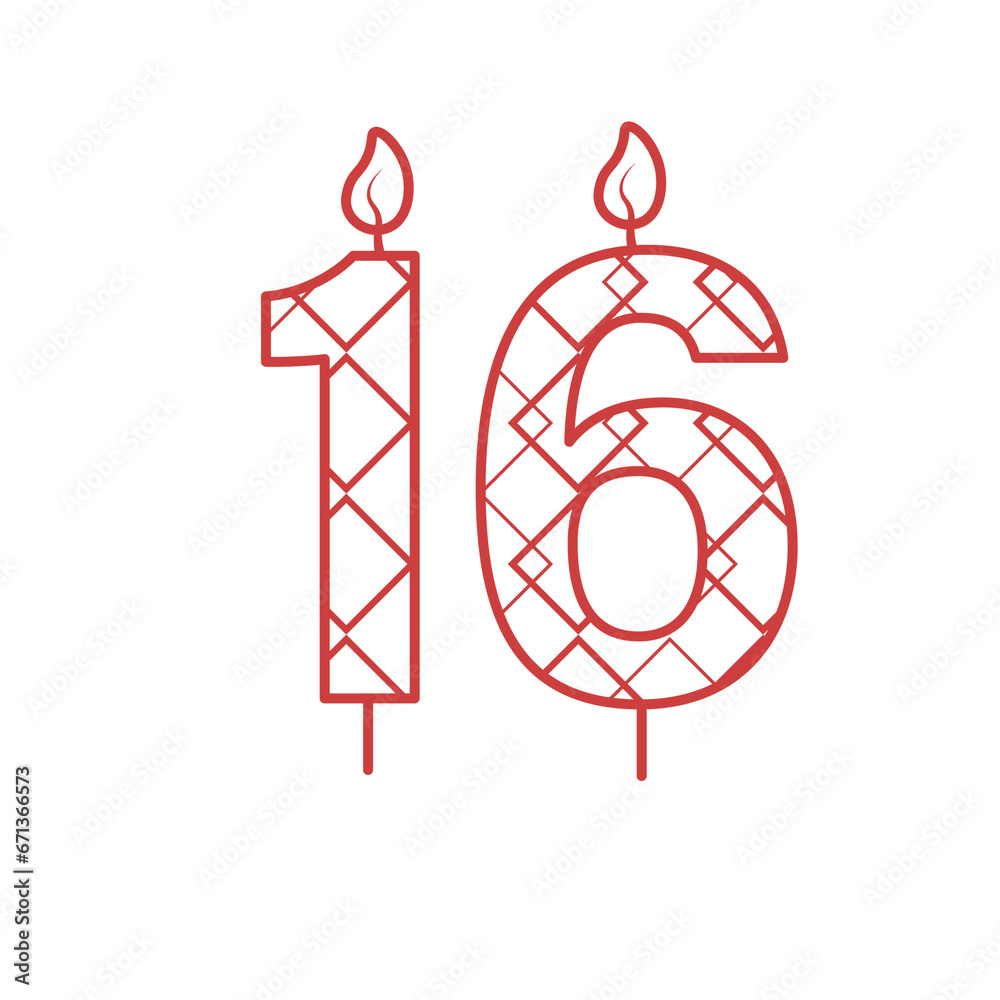 Digital png illustration of red shapes and number 16 candles on ...
