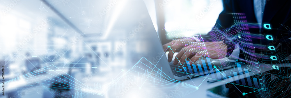 Businessman use Edge Computing data center for analyze and visualize complex information on ...