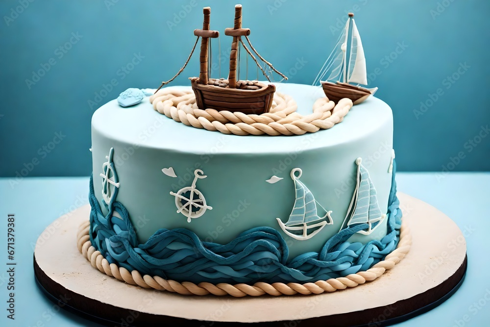 A cake inspired by the sea, featuring edible anchors, ropes, and ...