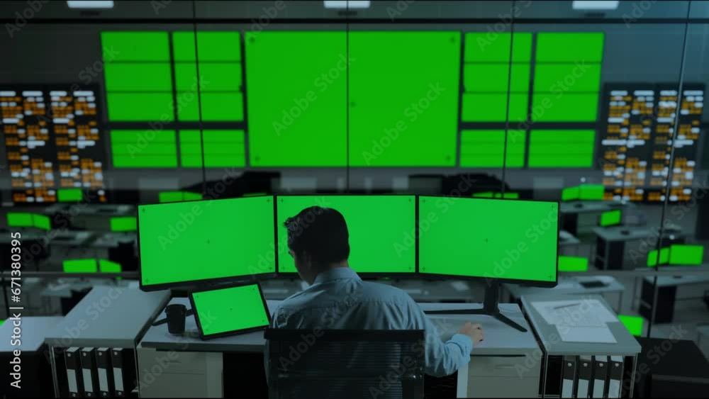 Back View Of Asian Man Working With Tablet And Multiple Computer ...