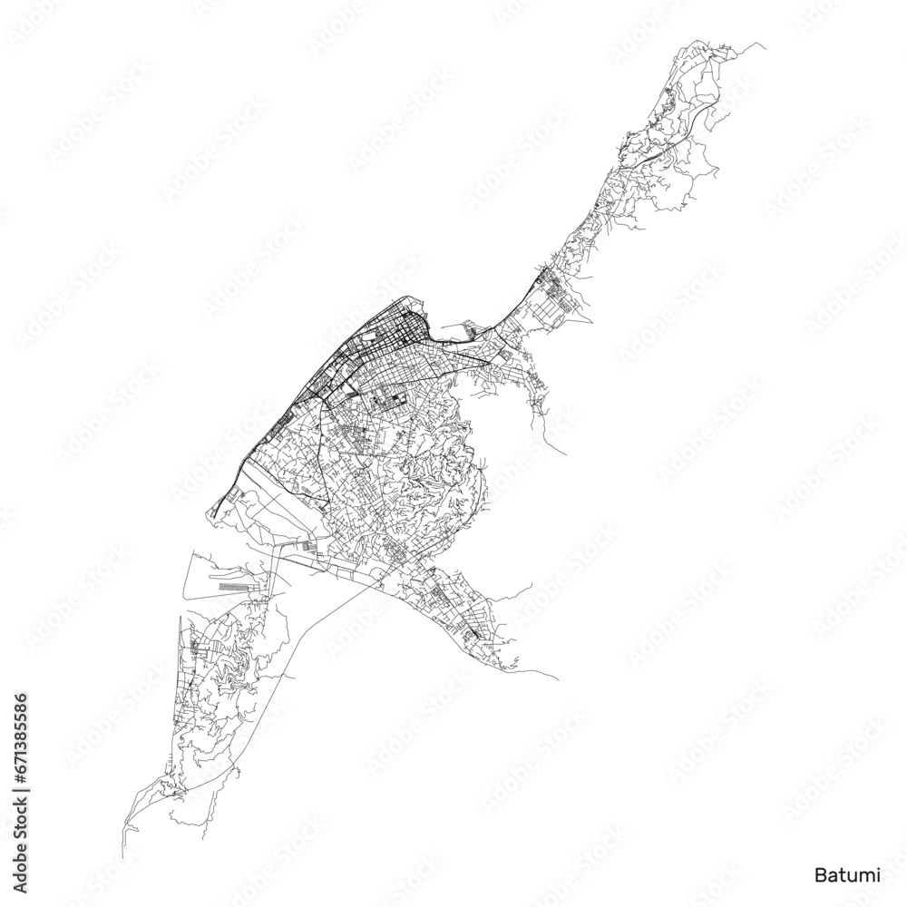 Batumi city map with roads and streets, Georgia. Vector outline ...