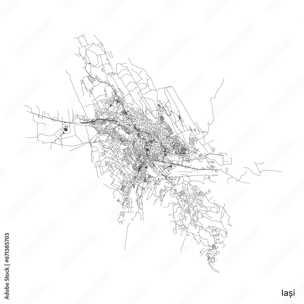 Iasi city map with roads and streets, Romania. Vector outline ...