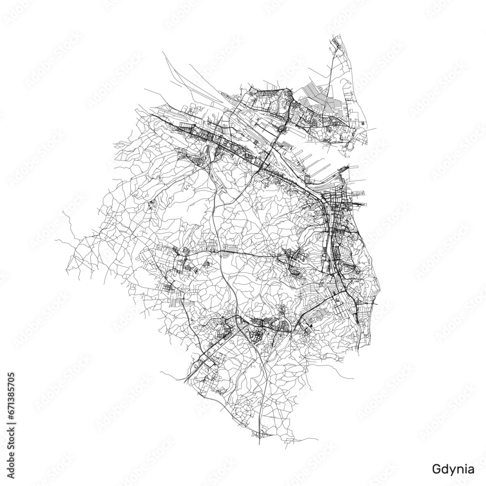 Gdynia city map with roads and streets, Poland. Vector outline ...