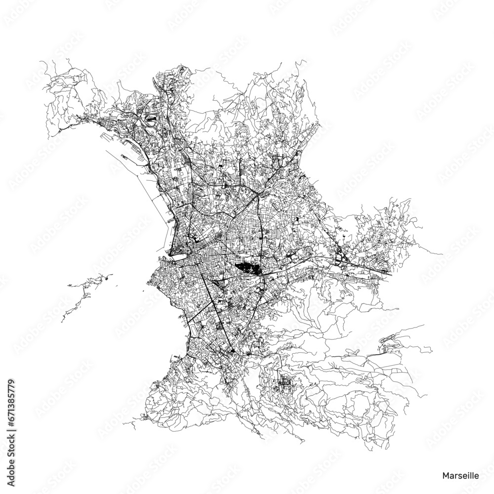 Marseille city map with roads and streets, France. Vector outline ...