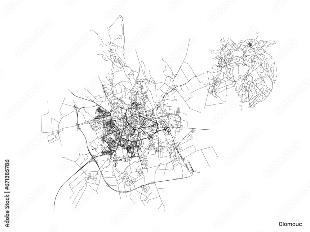 Olomouc city map with roads and streets, Czech Republic. Vector outline ...