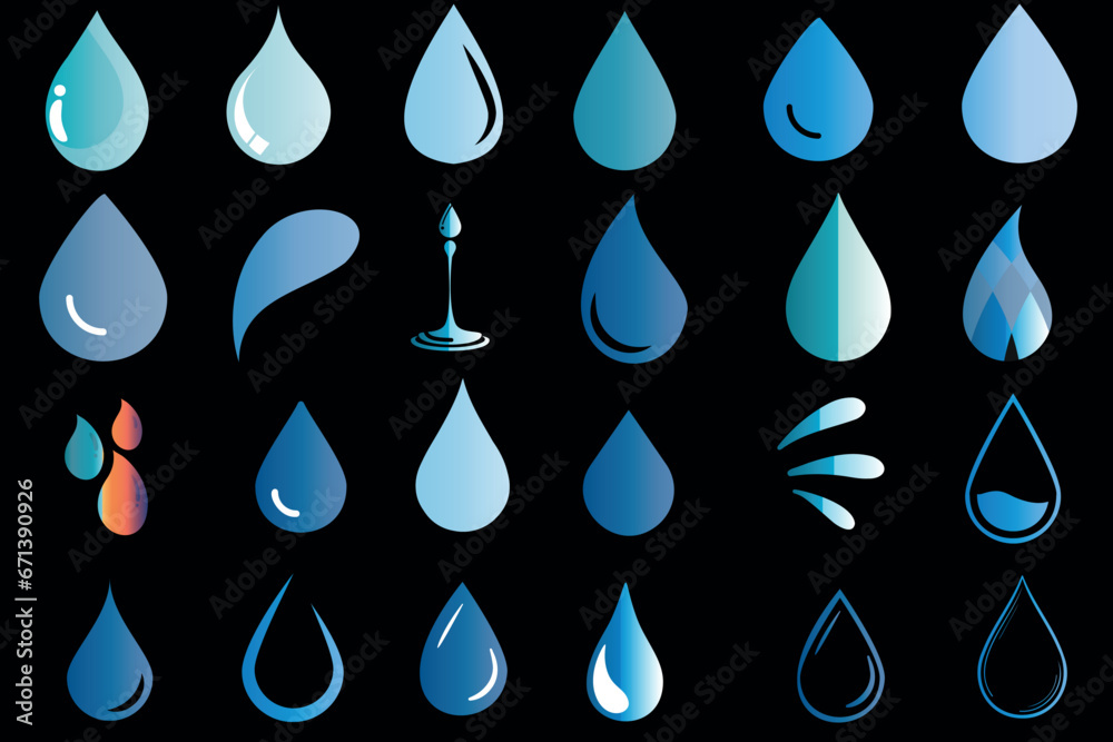 Gradient water droplets, vector illustration, black background, various ...