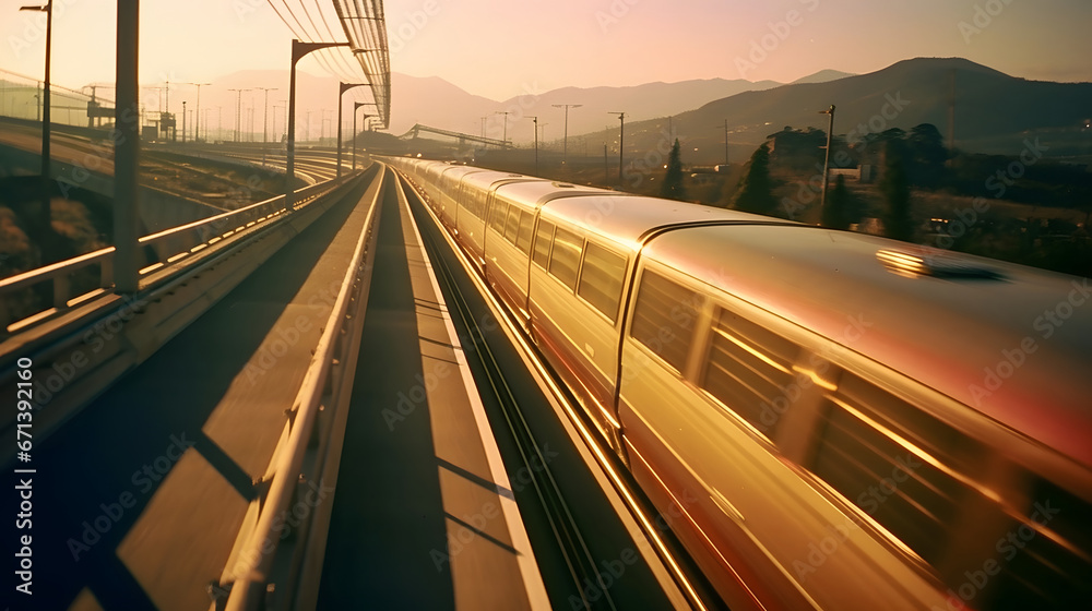 High speed train in motion on the railway station. Fast moving modern ...