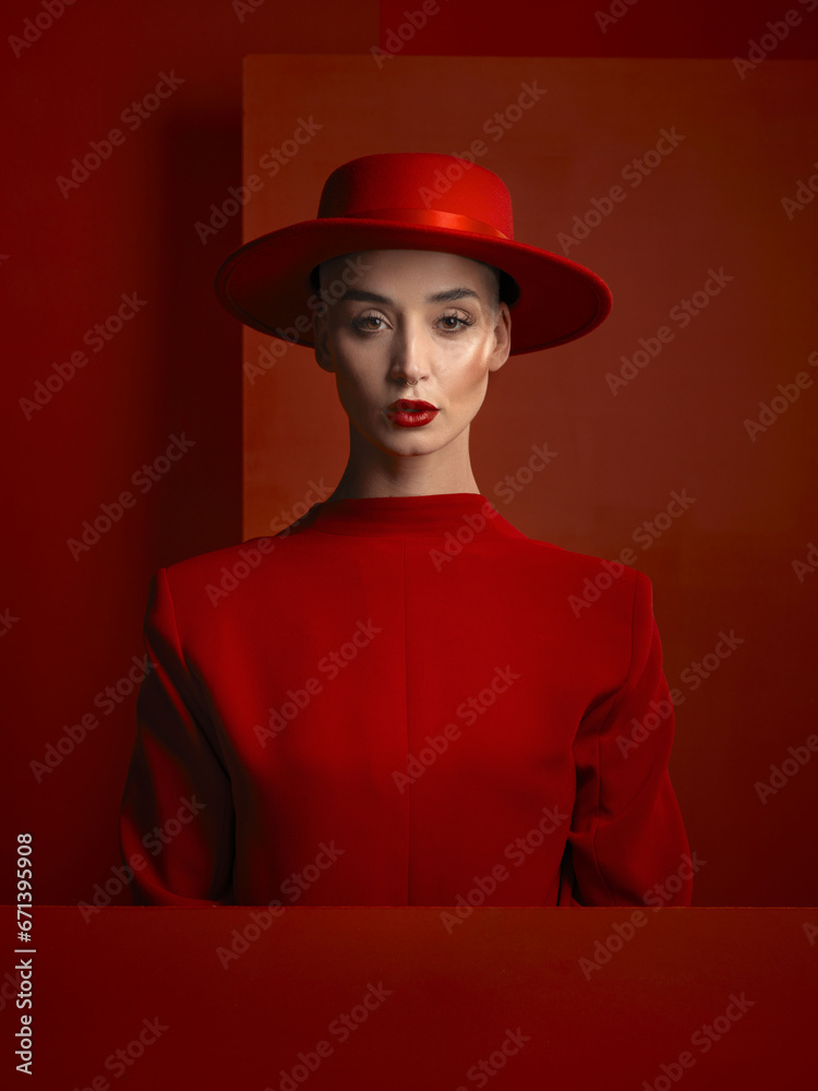 Portrait, fashion and space with a woman in red on a studio background ...