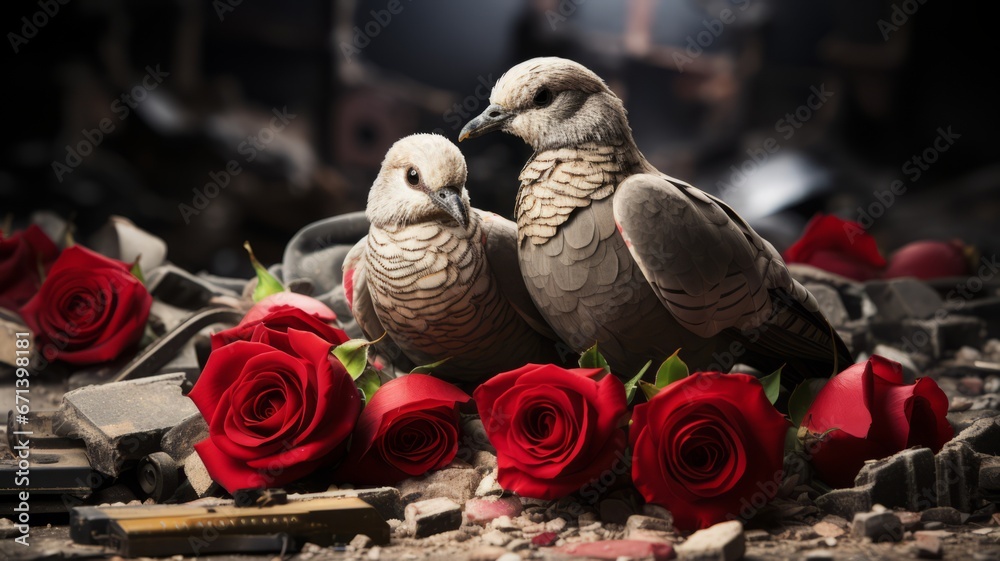 Foto de White doves with red rose stands at a bombed site in a war zone ...