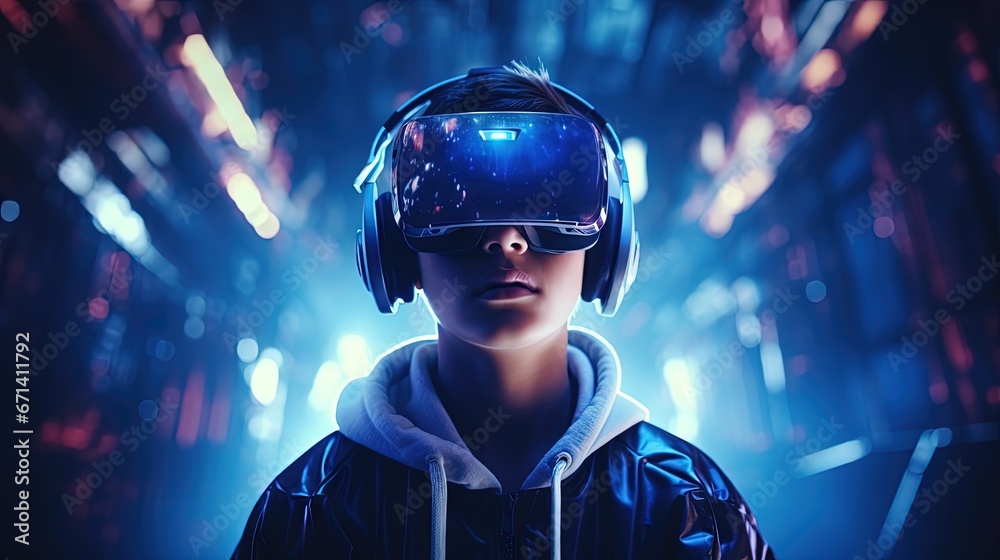 Metaverse Technology concepts. Teenager play VR virtual reality goggle and experiences of ...