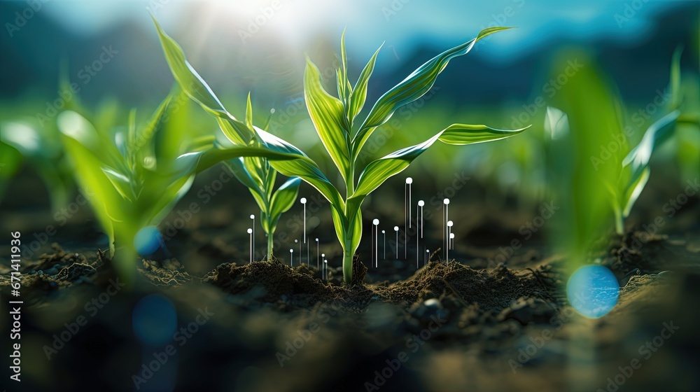 Maize seedling in cultivated agricultural field with graphic concepts ...