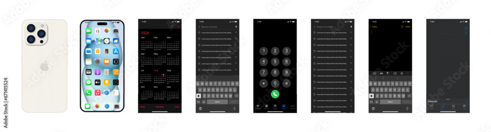 White Iphone 15 pro interfaces. Apple mockup. Front, back side of the ...