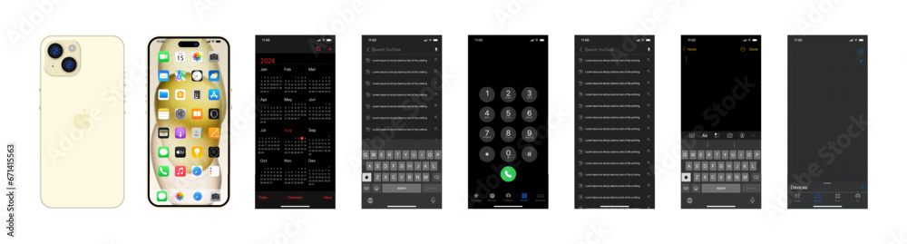 Golden Iphone 15 pro interfaces. Apple mockup. Front, back side of the ...