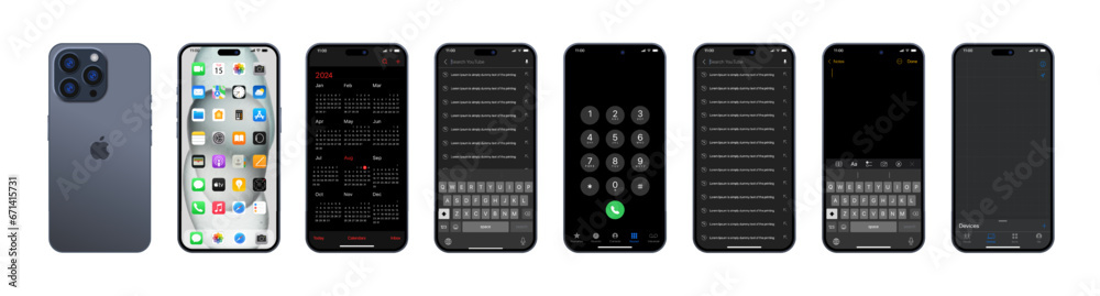 Black Iphone 15 pro interfaces. Apple mockup. Front, back side of the ...