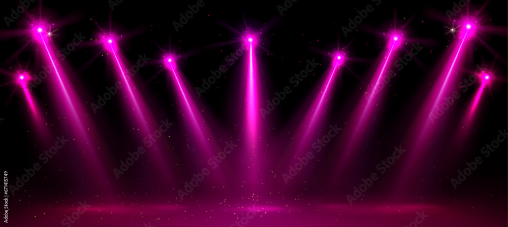Pink spotlight party show stage vector background. Disco spot light ...