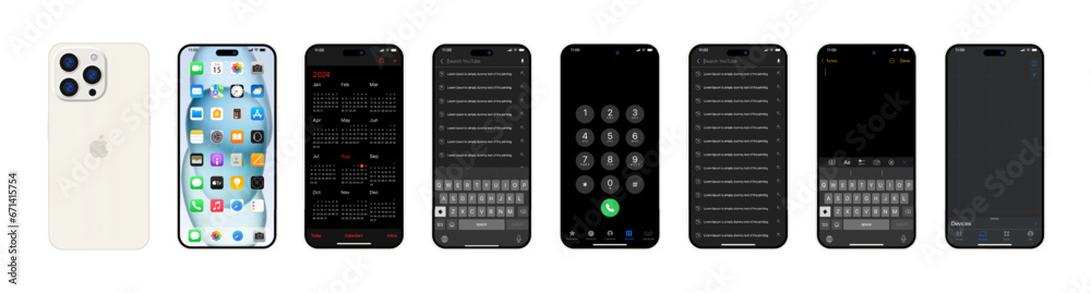 Vetor de White Iphone 15 pro interfaces. Apple mockup. Front, back side ...