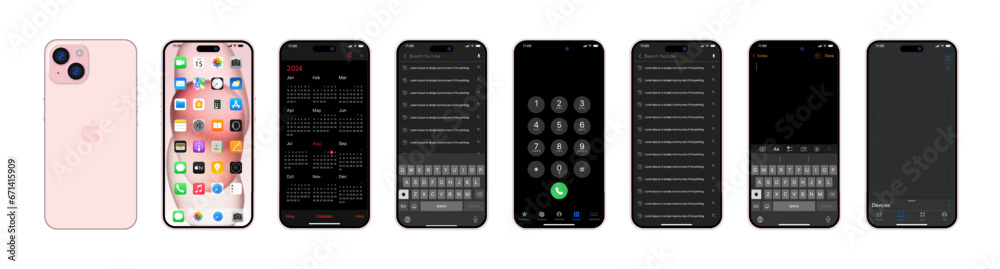 Pink Iphone 15 pro interfaces. Apple mockup. Front, back side of the ...