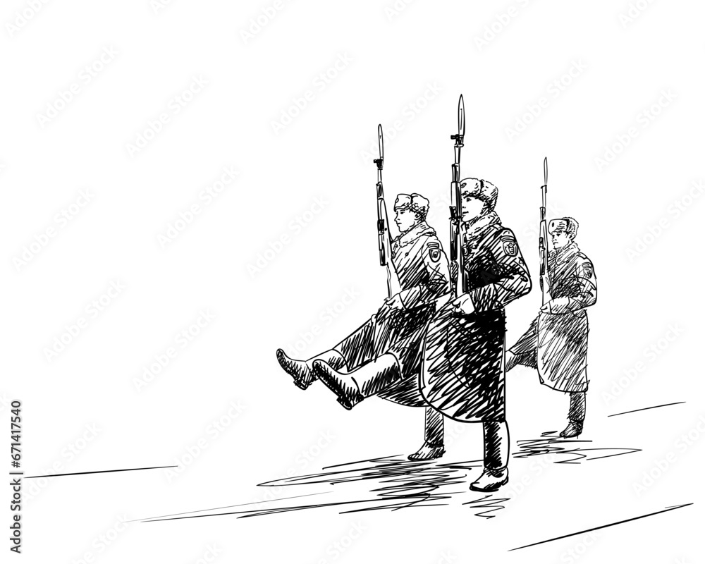 Kremlin regiment soldiers marching in step hand drawn illustration, Vector sketch of Russian ...