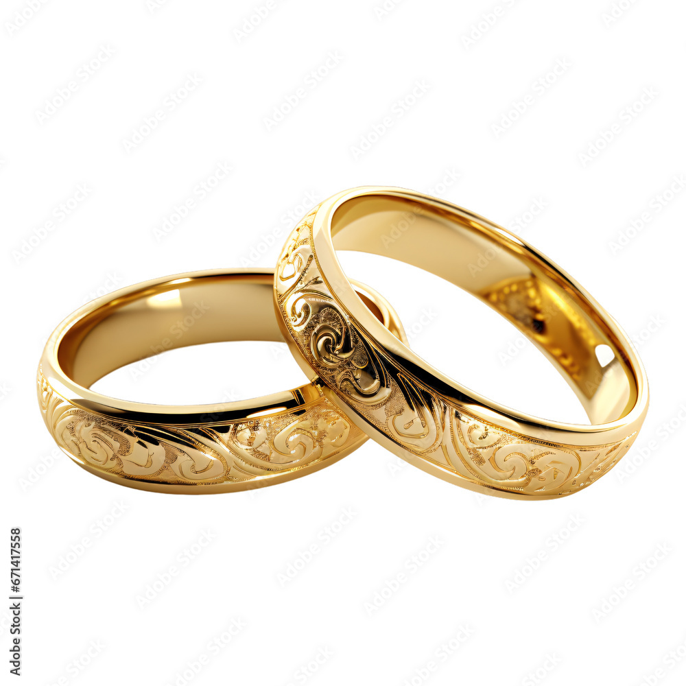 a two gold wedding rings isolated on a transparent background, golden ...