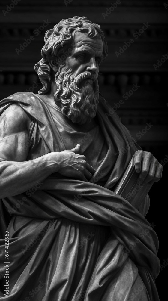 AI illustration of a statue of the ancient philosopher against a black ...