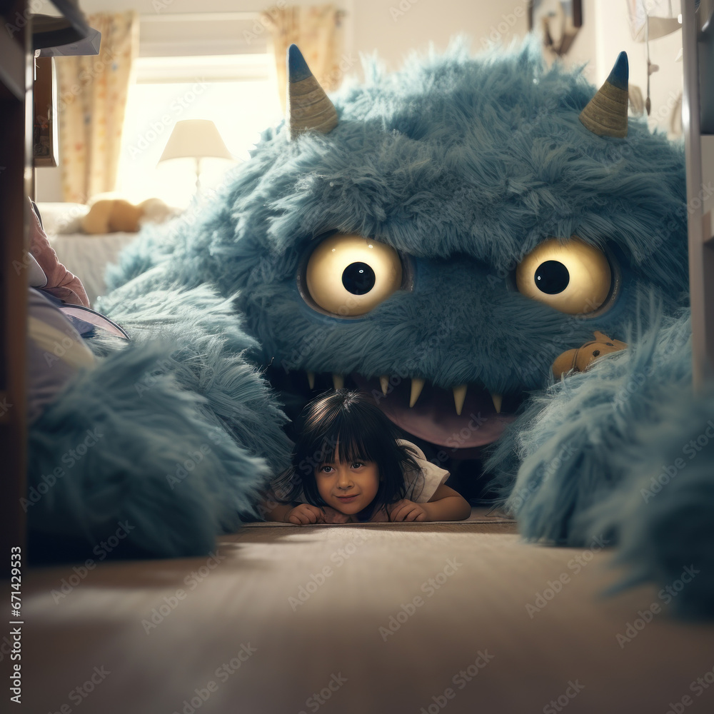 Baby scares concept, furry monster under the bed, horrible scary baby ...
