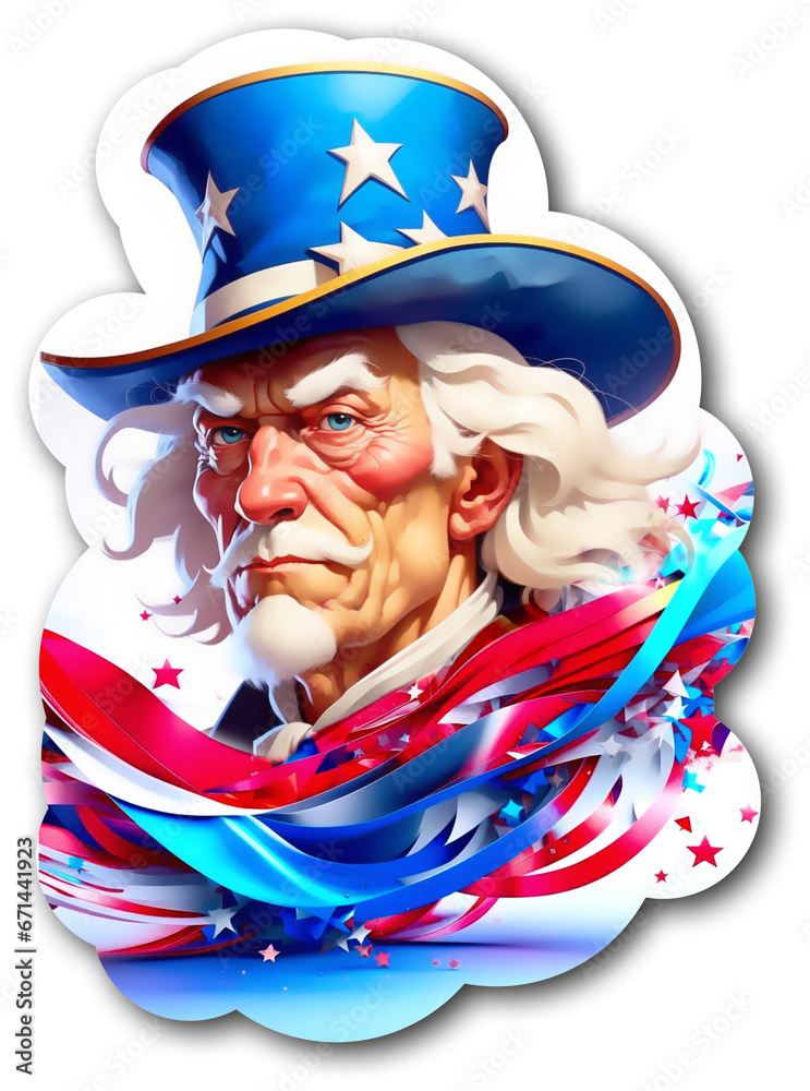 Uncle Sam on an abstract background with the USA flag. Sticker with a ...