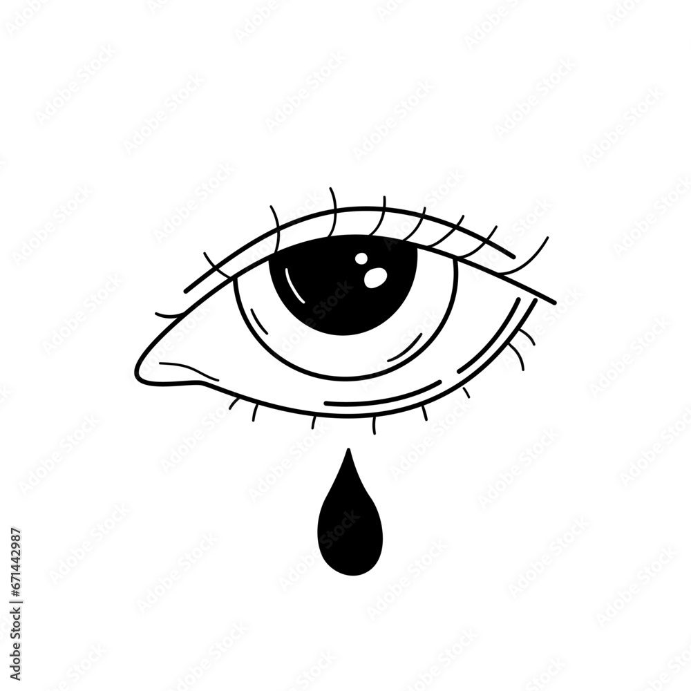 Hand drawn outline illustration of woman eye with a tear. Girl crying ...