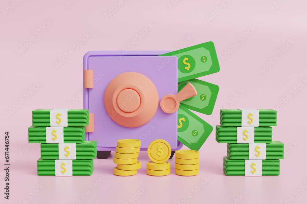 3D icon cartoon vault or Safe box with coin stacks, bunch of money ...
