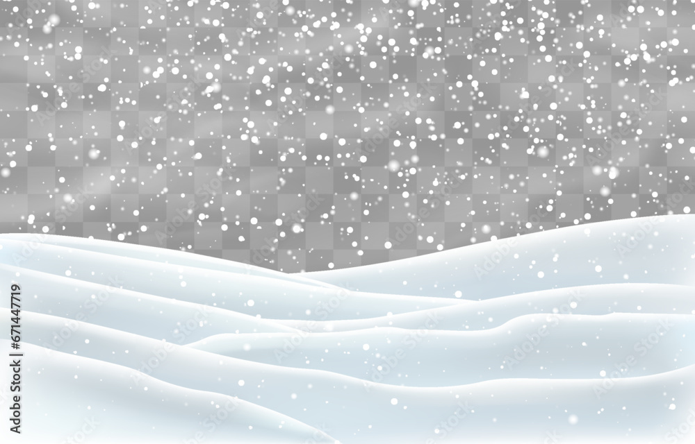 Snow flakes, snow and blizzard falling on snowdrifts. Snow landscape ...