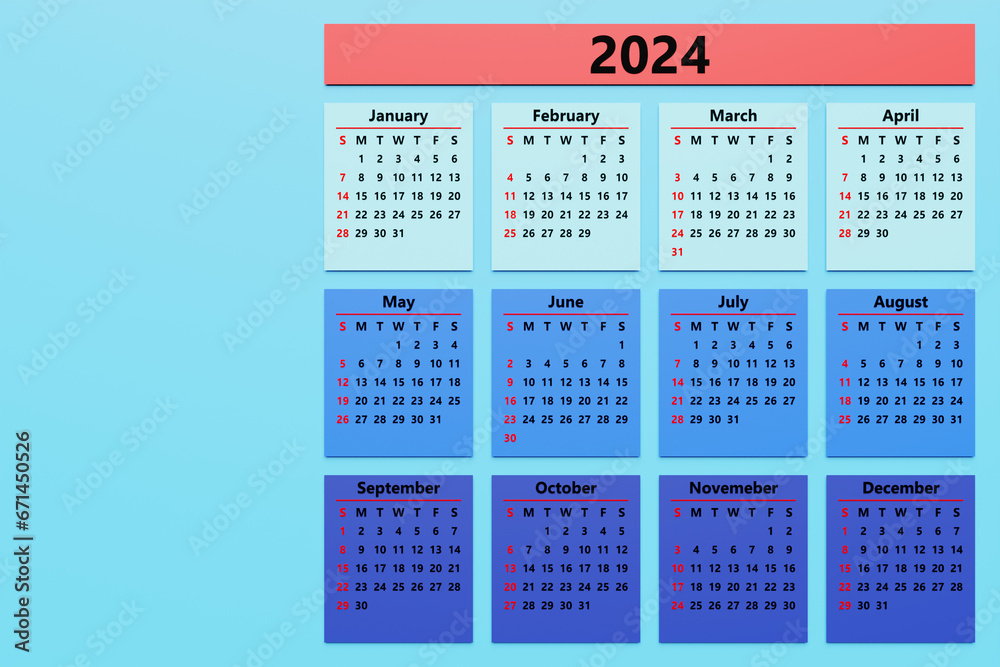 Multicolored monthly calendar template in minimalist style for 2024 ...